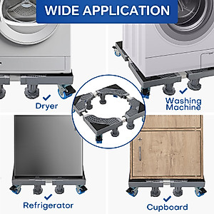MYFULLY Adjustable Movable Furniture Dolly Roller Base with 4×2 Locking Rubber Swivel Wheels and 4 Strong Feet, Multi-Functional Mobile Stand for Dryer, Washing Machine and Refrigerator (Grey)