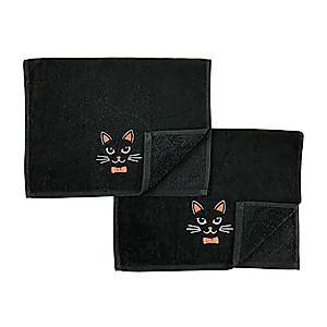 Decorative Halloween Hand Towels: Black Plush Velour Cotton Embroidered Design, Set of 2 (Cat)