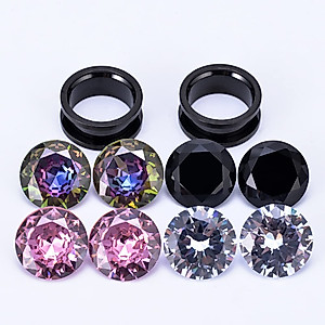 TBOSEN Set of 4 Pairs Color Zircons and 1 Pair Stainless Steel Ear Tunnel Ear Gauges Stretching Screw Fit Tunnels 0g-1 Inch