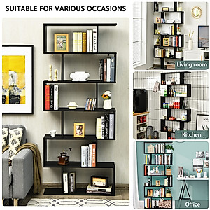 IFANNY 6 Tier Bookshelf, S Shaped Bookcase w/Staggered Storage Shelves, Display Shelf and Room Divider, Librero para Habitacion, Book Shelf for Bedroom, Living Room, Home Office (Black)