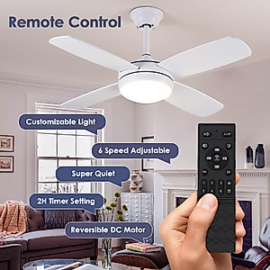 Asyko 42" Ceiling Fans with Lights, White Modern Ceiling Fan with Remote and APP Control, 6 Speed and Memory Function, Low Profile Ceiling Fan Light for Bedroom, Living Room, Dinning Room…