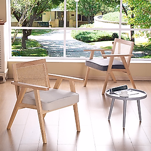 Guyou Mid Century Modern Rattan Chair, Upholstered Velvet Accent Chair with Rattan Back, Retro Living Room Chair for Bedroom/Fire Place/Reading Room (Beige)