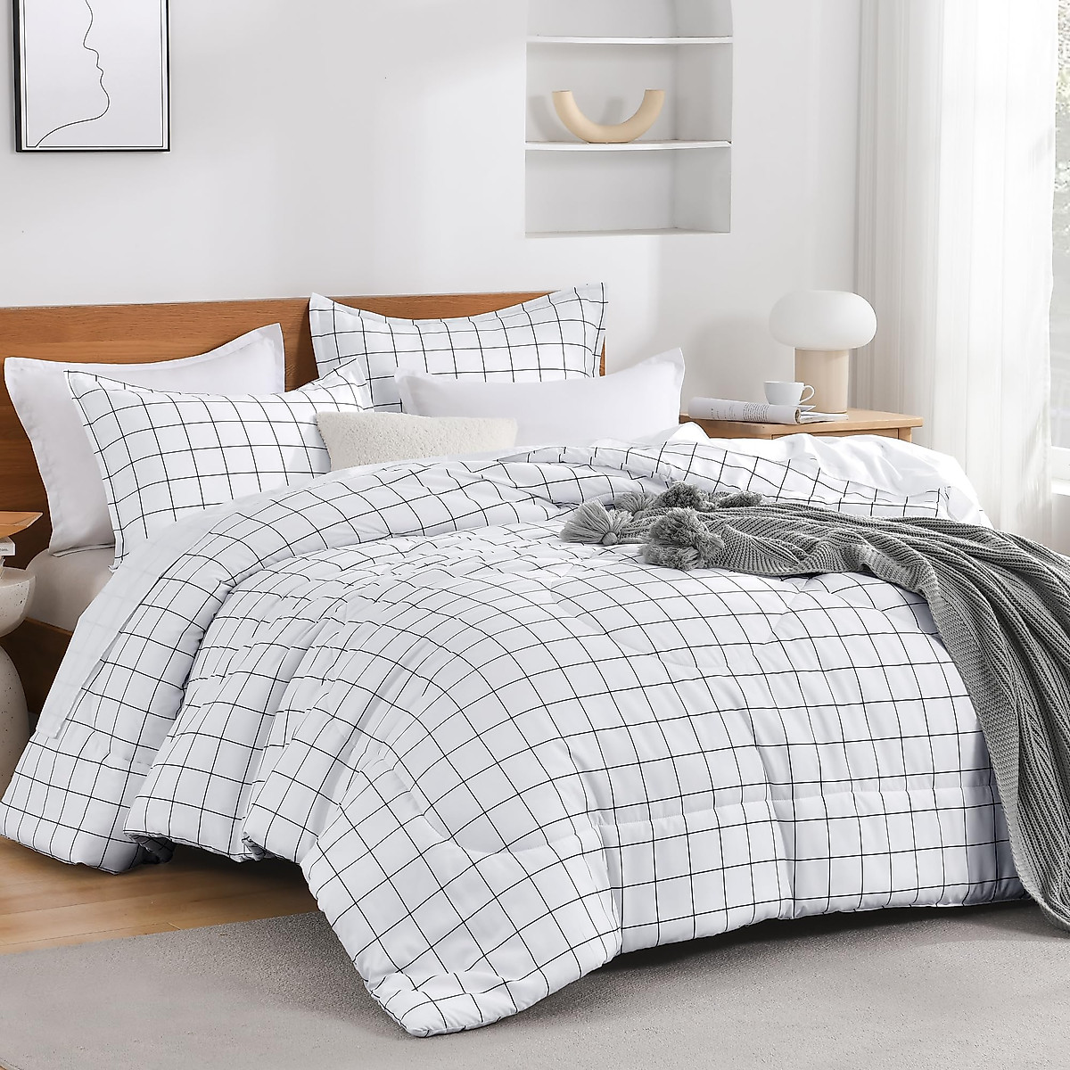 Andency Twin Size Comforter Set for Kids, 2 Pieces Black Striped White Grid Geometric Bedding Comforter, All Season Soft Lightweight Microfiber Down Alternative Bed Set for Boys Girls