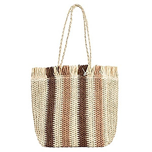 Straw Woven Shoulder Bag Stripes Handmade Summer Beach Top-Handle Handbag Travel Holiday Women Vacation Totes Beige