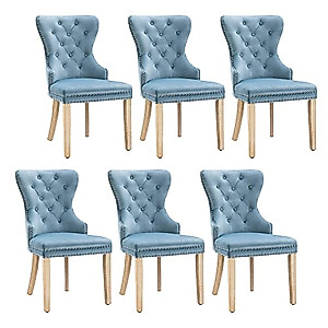 adochr Velvet Fabric Accent Dining Chairs Set of 6, Room for Used Solid Wood with Button and Nailed Trim (Blue)