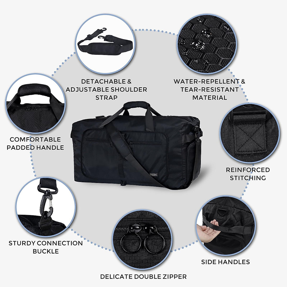 Fmeida 65L Duffle Bag with Shoes Compartment, Foldable Travel Duffel Bags for Men Women, Large Packable Travel Bag Water-Repellent & Tear-Resistant (Black)