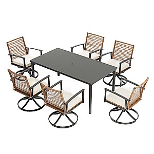 LAUSAINT HOME 7 Pieces Patio Dining Set, Outdoor Furniture Set of 6 Swivel Chairs with Soft Cushion and Iron Slats Table Top with Umbrella Hole, Conversation Set for Backyard