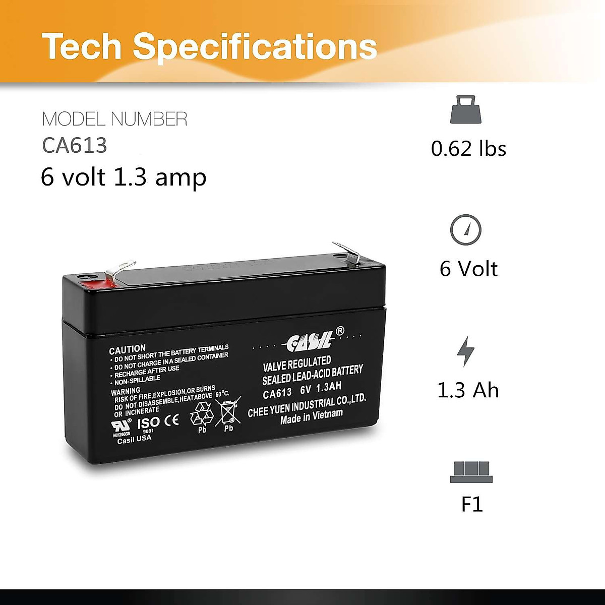 Casil 6V 1.3Ah Replacement Battery Compatible with WB613 UB613 PS612 WKA6-1.3F ExpertPower EXP612 6V 1.2 Mighty Max ML1.3-6 Crome AJC SigmasTek Elk 0613 NPP NP6-1.3 2 Pack
