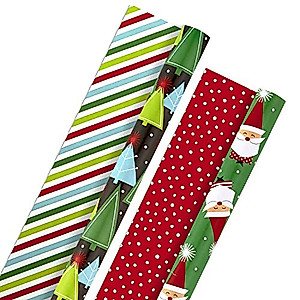 Hallmark Reversible Christmas Wrapping Paper (2 Rolls, 60 sq. ft. ttl) Modern Santa, Retro Christmas Trees, Stripes