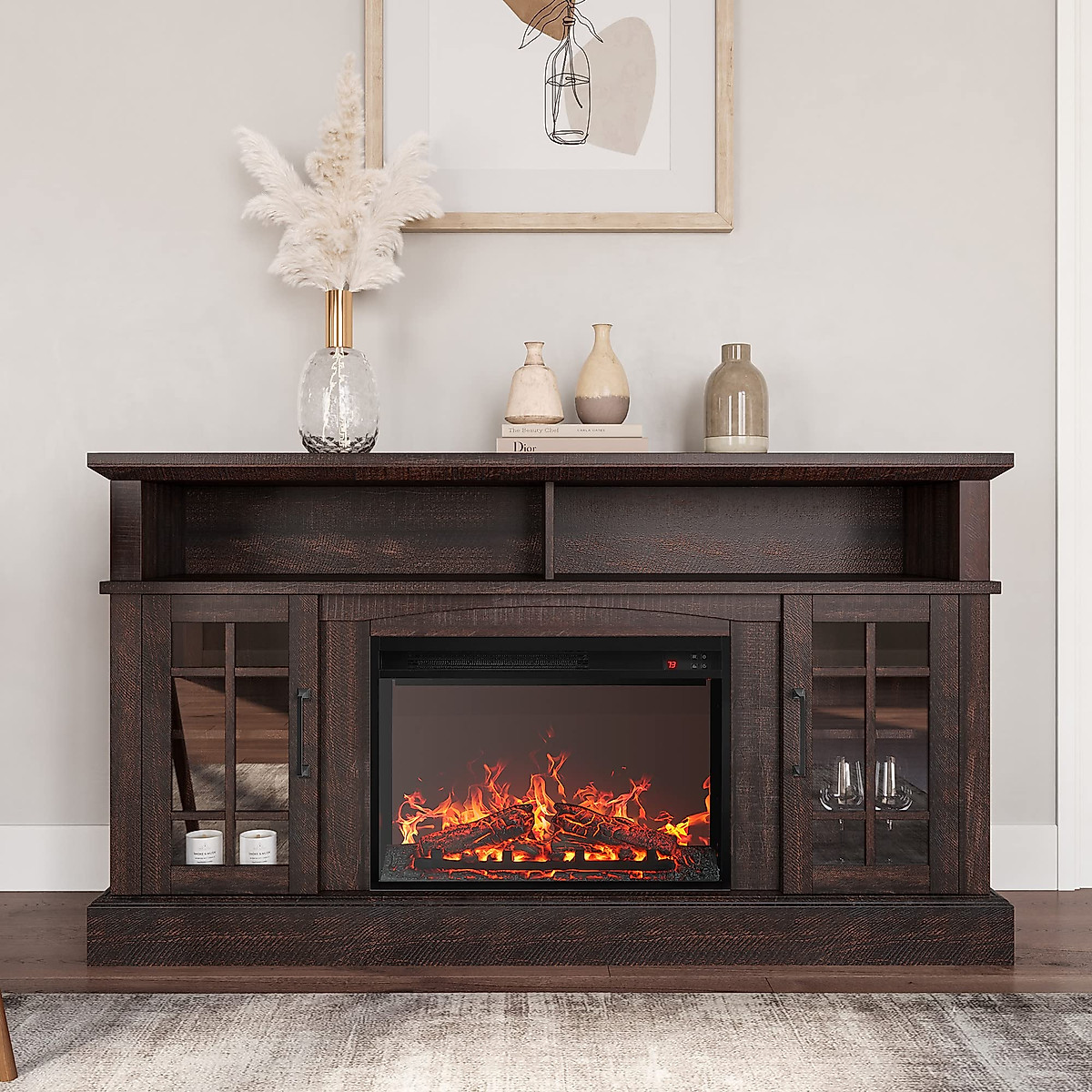 BELLEZE Traditional 58" Rustic TV Stand with 23" Electric Fireplace Heater with Sound, Media Entertainment Center Console Table for TV up to 65" with Open Storage Shelves and Cabinets - Espresso