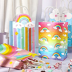 24 Pack Rainbow Present Bags Rainbow Birthday Candy Bags with Handles Goodie Treat Rainbow Gift Bags Colorful Cloud Paper Gift Wrap Bags for Girl Boy Kid Baby Shower Supplies, 8.27 x 5.91 x 3.15 Inch