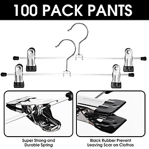 100 Packs Pant Hangers with Clips Adjustable Metal Pants Bulk Hanger Skirt Hangers for Women Kids Space Saving Heavy Duty Ultra Thin Short Hangers for Clothes Jeans Closet Organizer, Silver and Black