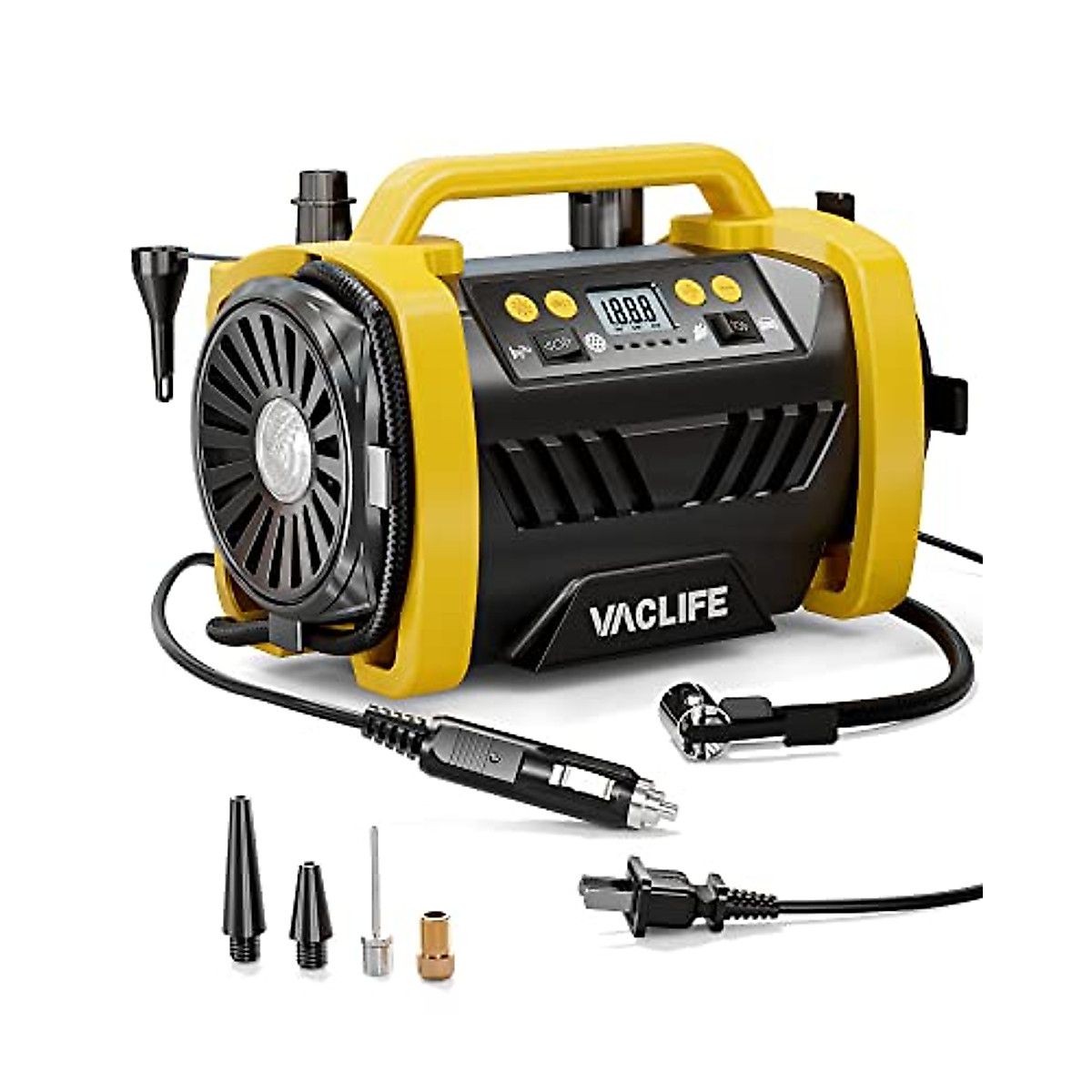 VacLife Tire Inflator Portable Air Compressor - 12V DC/120V AC Car Tire Pump for Air Mattress Beds, Boats with Inflation and Deflation Modes, Dual Powerful Motors, Model: ATJ-6588, Yellow (VL758)