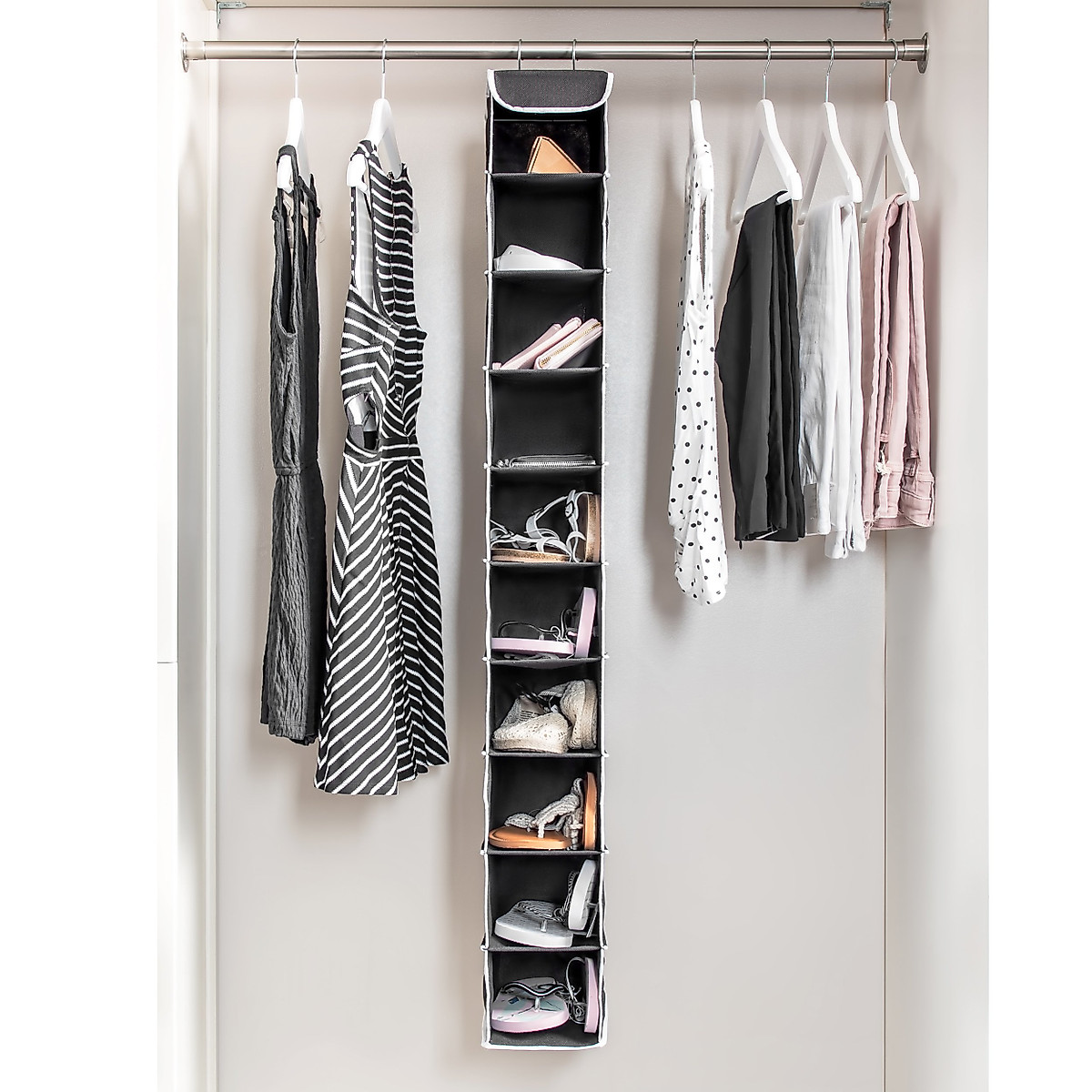 ZOBER Hanging Shoe Organizer for Closet - 10-Shelf Hanging Shoe Rack W/Side Mesh Pockets - 1 Pack Space Saving Shoe Holder (Black)