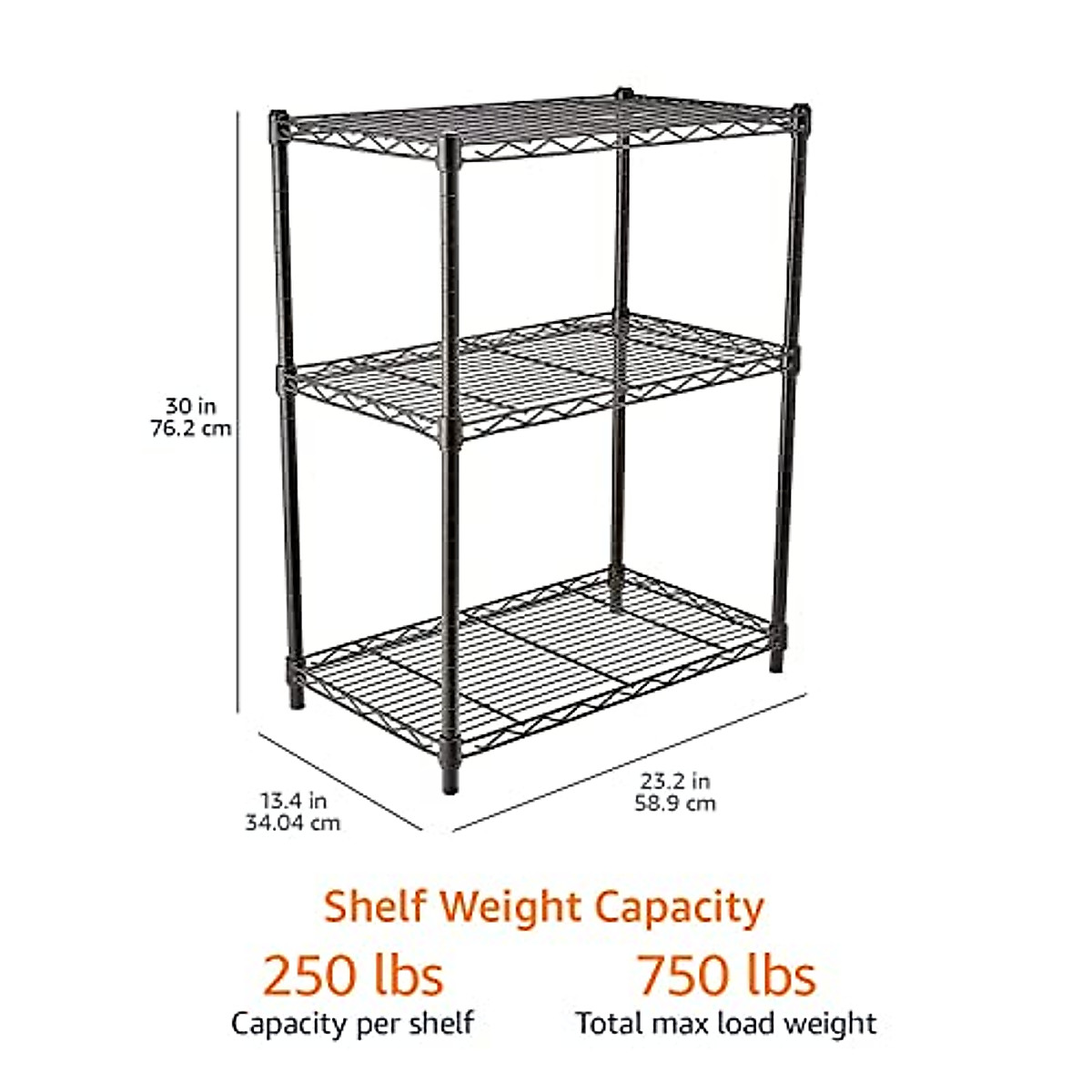 Amazon Basics 3-Shelf Adjustable, Heavy Duty Storage Shelving Unit (250 lbs loading capacity per shelf), Steel Organizer Wire Rack, Black, 23.2"L x 13.4"W x 30"H