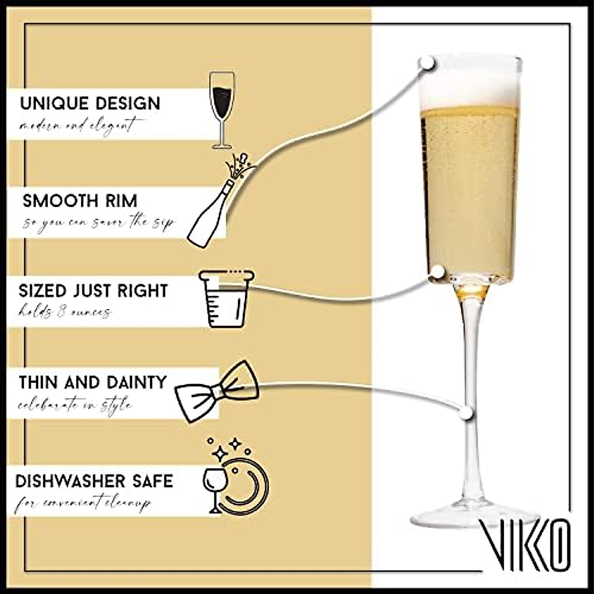 Vikko Champagne Flutes, Large 8 Oz Capacity, Crystal Clear Champagne Glasses, Set of 2 Elegant Sparkling Wine Glasses