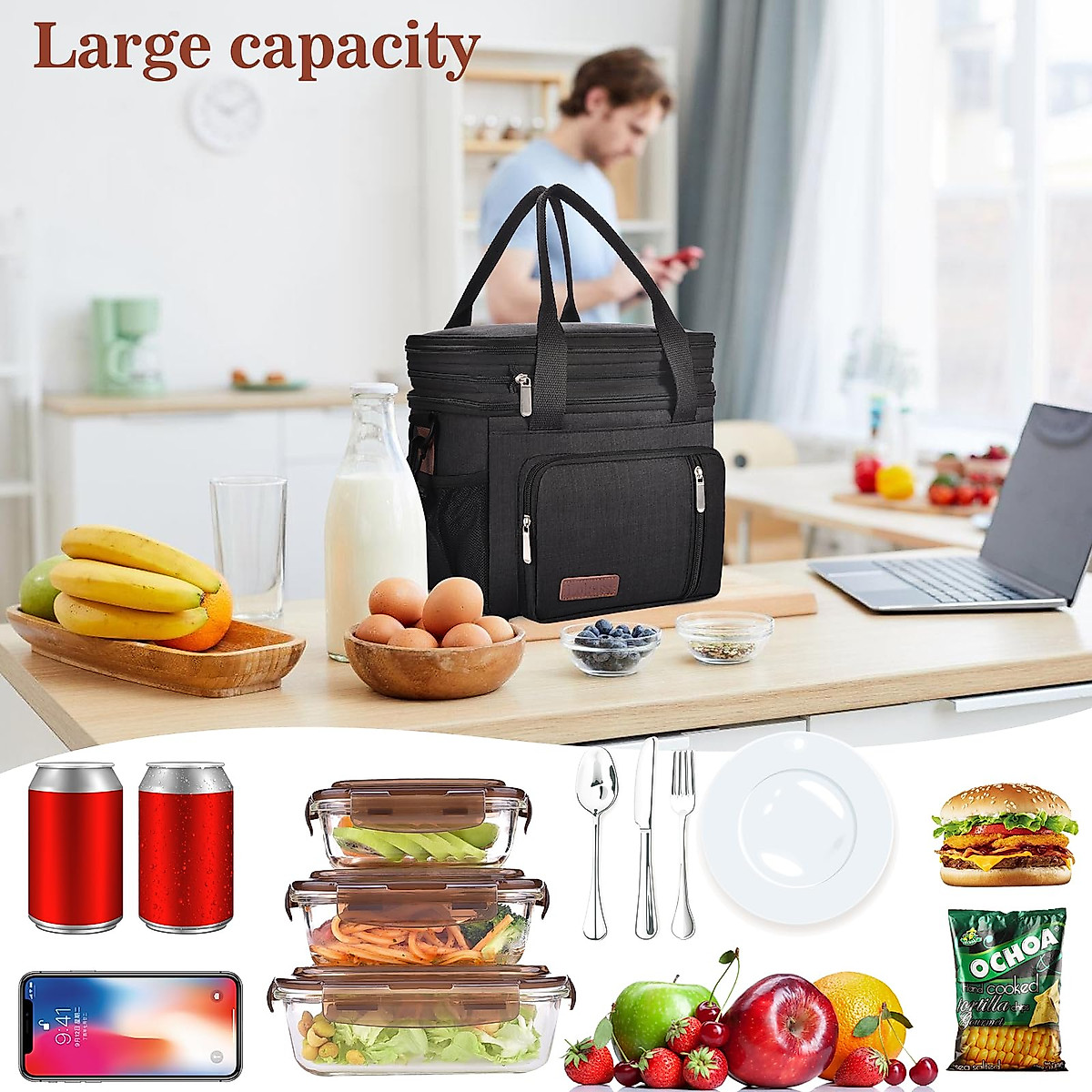 BAGNN Lunch Box & Lunch Bag for Men Women, Large Insulated Adult Lunch Box Leakproof Lunchbox Cooler Bag for Work Picnic Beach,16L, Black