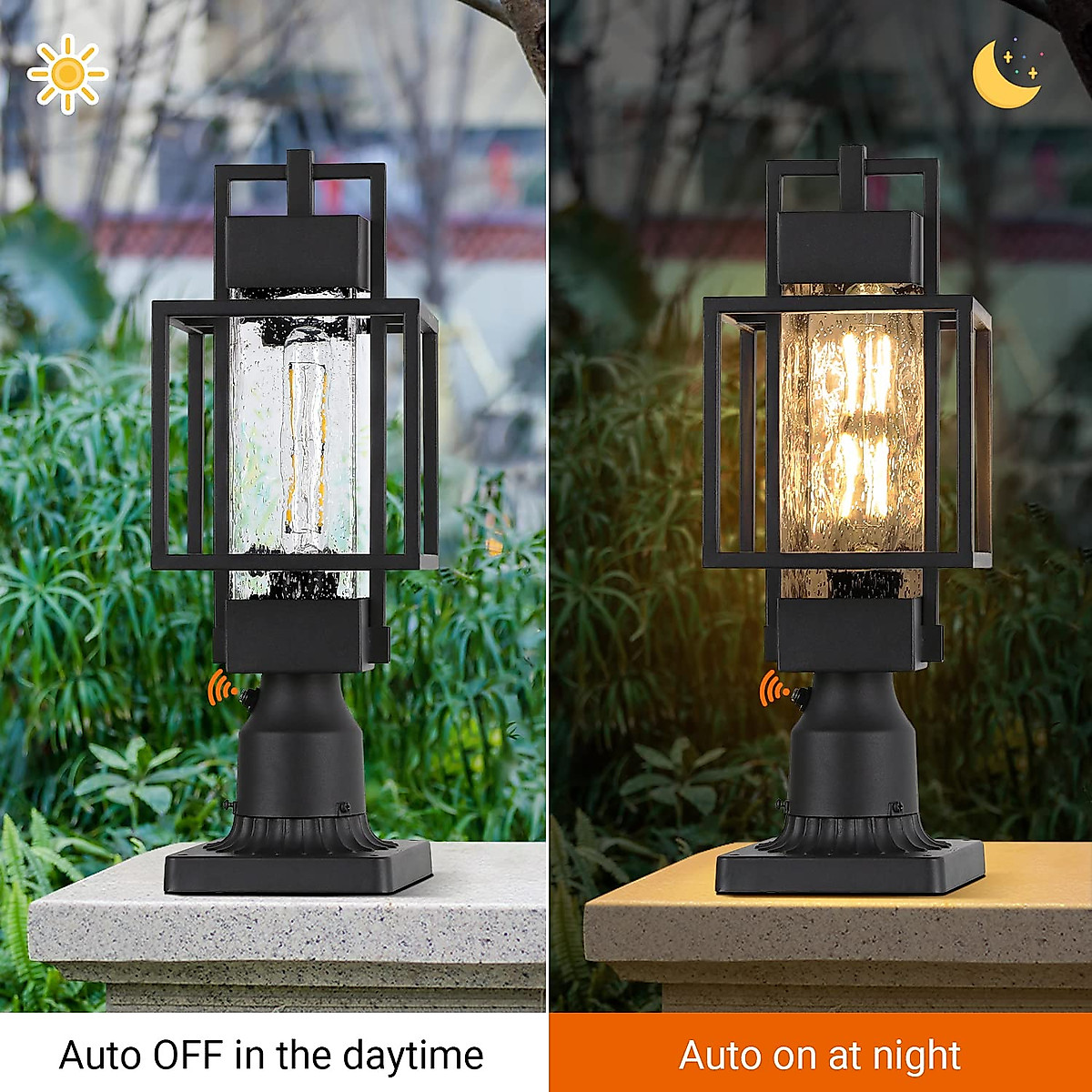 18" H Dusk to Dawn Outdoor Post Light Fixture Hardwired 120V, Waterproof Aluminum Pole Light with Pier Mount Base, Matte Black Exterior Lamp Post Lantern with Water Glass for Garden Yard Patio Path