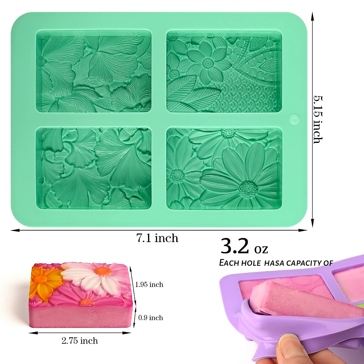 HUAKENER Silicone Soap Molds, 2 Pack 4-Cavity Rectangle Soap Mold, Flower Soap Making Molds