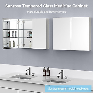Sunrosa Medicine Cabinet with Mirror, 36" W×31.5" H Bathroom Tempered Glass Mirror Medicine Cabinet, Wall-mountable and Recessed-in Medicine Cabinet for Bathroom, 2 Symmetrical Doors Medicine Cabinet
