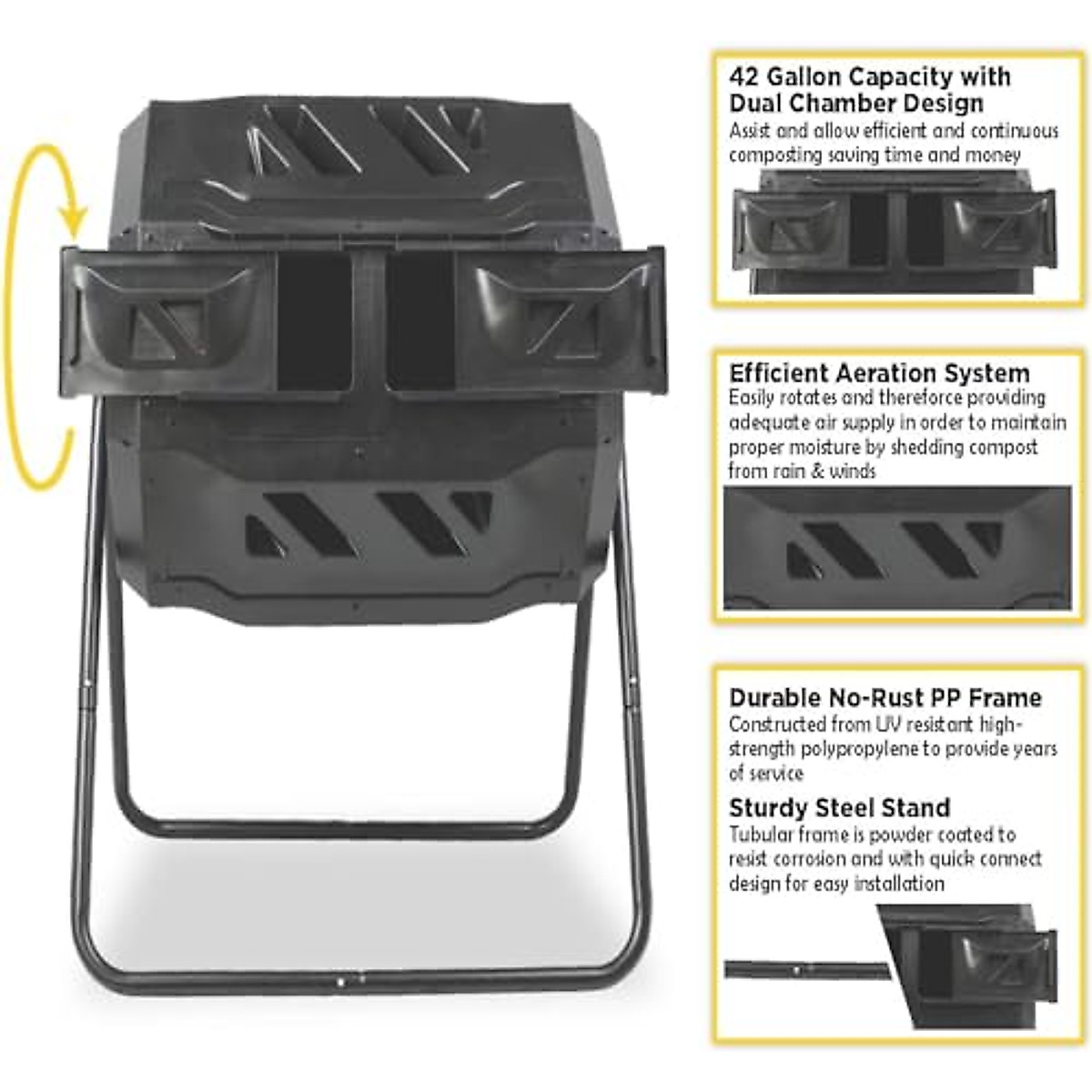 MaxWorks 50891 Compost Tumbler Bin Composter Dual Chamber 42 Gallon, Bundled with Gloves