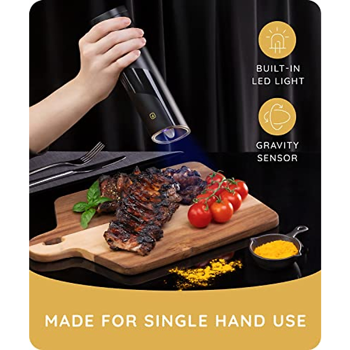 JULY HOME Gravity Electric Salt and Pepper Grinder Set, 2 Pack, Battery Operated, Adjustable Coarseness, One Hand Operation Electric Pepper Grinder with LED Light & Cleaning Brush (Packaging may vary)