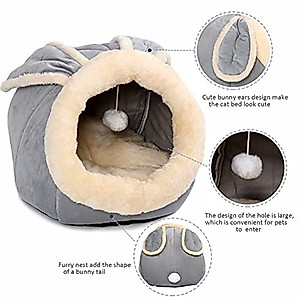 Beds for Indoor Cats/ Small Dog with Anti-Slip Bottom, Rabbit-Shaped Cat Cave with Hanging Toy, Puppy Bed with Removable Cotton Pad, Super Soft Calming Pet Sofa Bed (Grey Large)