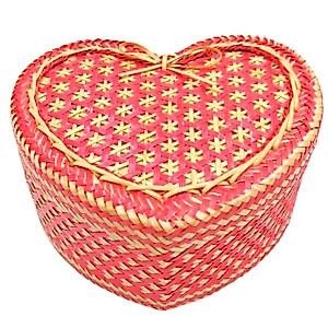 Bamboo Sticky Rice Serving Basket 6x5.2 Inch, Kratip, Intricately Woven Container, Heart-Shaped, American Flag, Thailand Handmade, Dyed with Natural Based (Red Pikul Flowers)