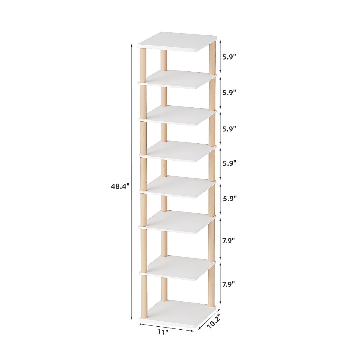 NUTMAK 8 Tiers Narrow Shoe Rack, Wooden Shoe Organizer for Closet Front Door Entrance Entryway, Space Saving Tall Storage Rack, Free Standing Vertical Shoe Shelf for Small Spaces White.