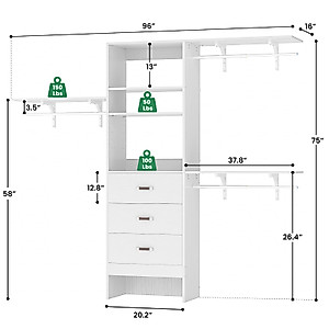 Girapow Closet System with 3 Wooden Drawers, 8 FT Closet Organizer System with Cutable Storage Shelves, Wall-mounted Closet System with 3 Adjustable Hanging Rods for Walk in Closet