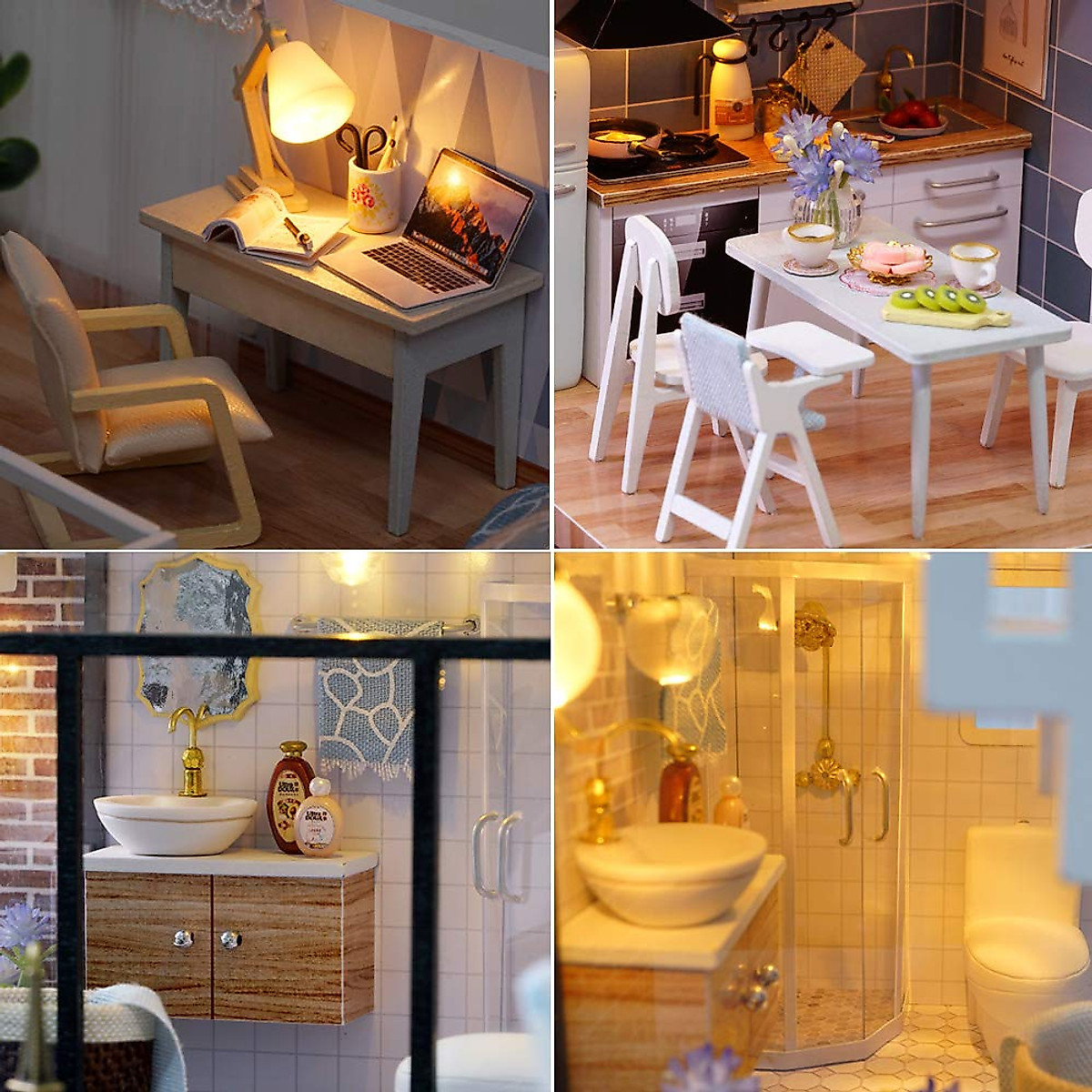 MAGQOO 3D Wooden Dollhouse Miniature DIY House Kit with Furniture,1:24 DIY Dollhouse Kit Dust Proof Included (Blue Times)