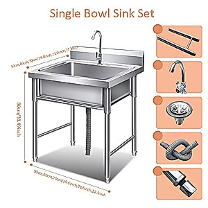 QQXX Stainless Steel Commercial Kitchen Sink,Free Standing Sink Single Bowl,Utility Sink with Faucet for Restaurant Kitchen Laundry Garage Indoor Outdoor Washing Hand Basin