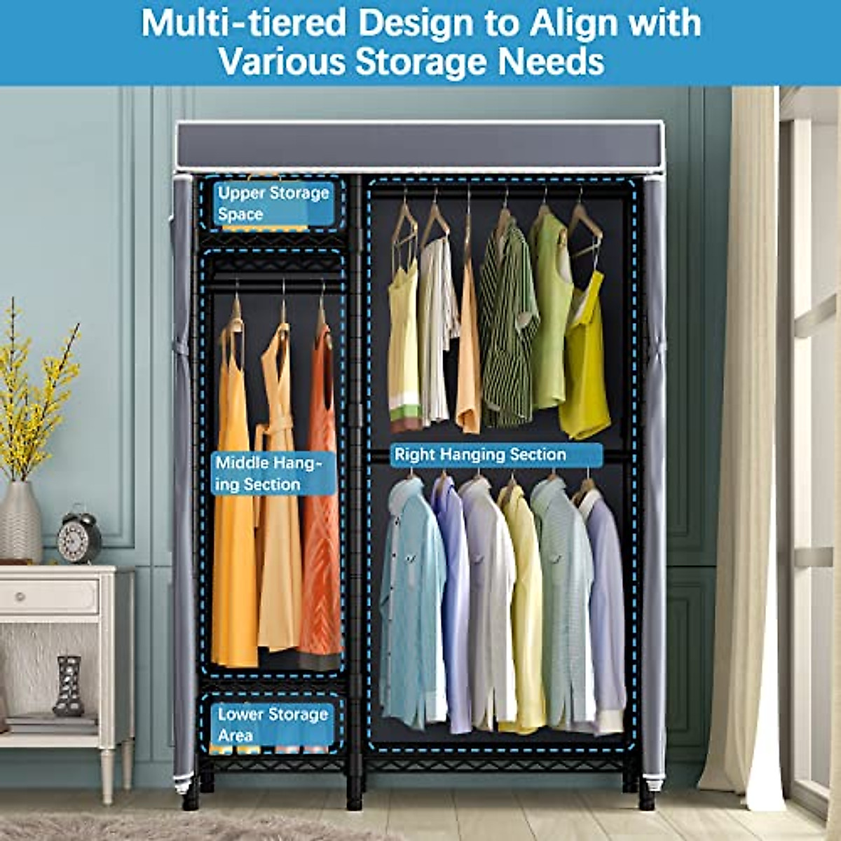 VIPEK V2C Heavy Duty Covered Clothes Rack for Hanging Clothes, Black Metal Clothing Rack with Gray Oxford Fabric Cover, Portable Closet Rack Freestanding Wardrobe Closet, 1 inch Rod, Max Load 650LBS