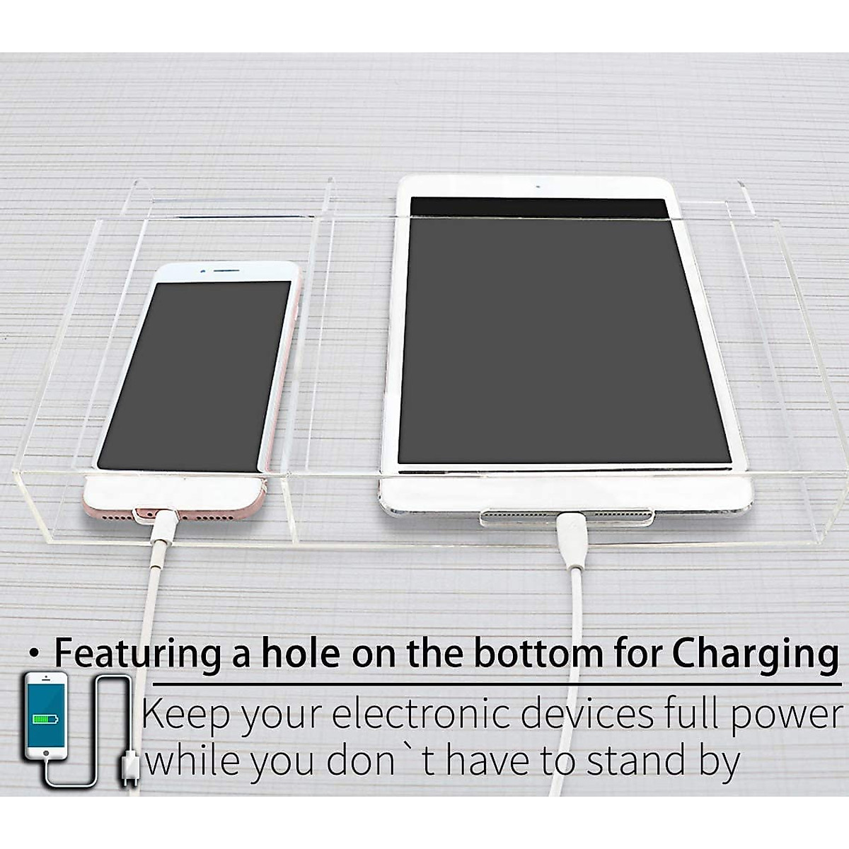 Pansyling Clear Wall Tablet Holder Acrylic Wall Mounted Phone Holder for iPad Wall Mount Holder, Remote Control Holder Laptop Stand for eReader Wall Storage Caddy with Charging Holes for Kindle iPhone