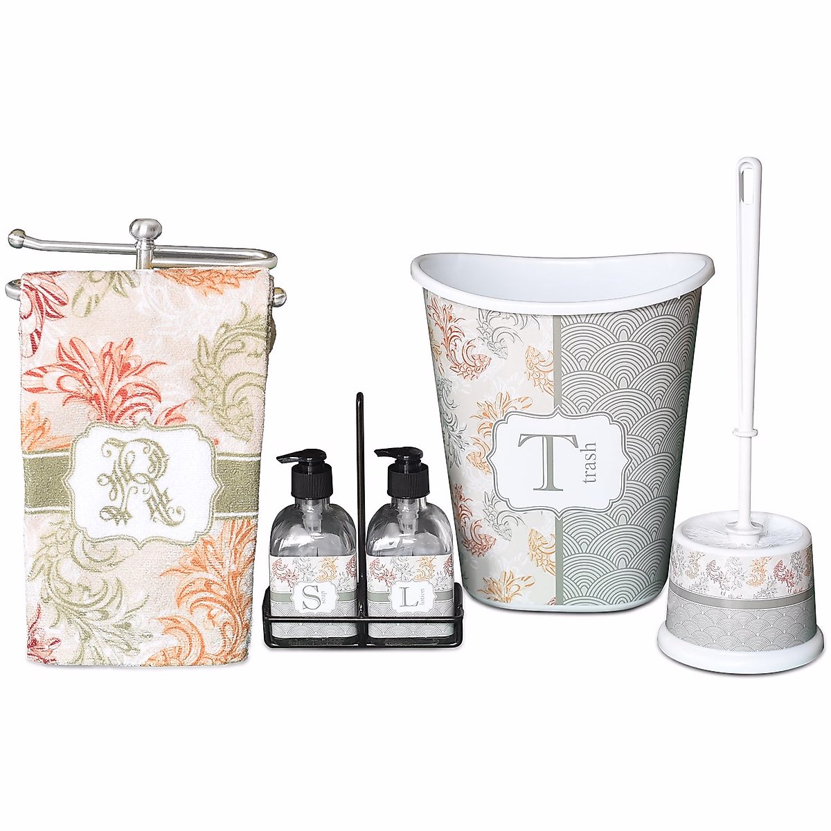 RNK Shops Personalized Initial Damask Waste Basket - Double Sided (White)