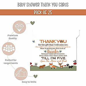 Woodland Baby Shower Thank You Cards and Envelopes – 25 Pack, Rustic Forest Animals Orange Notes Set, Prefilled Message, Customizable Blank Stationery, Gender Neutral, New Parents Gift Ideas