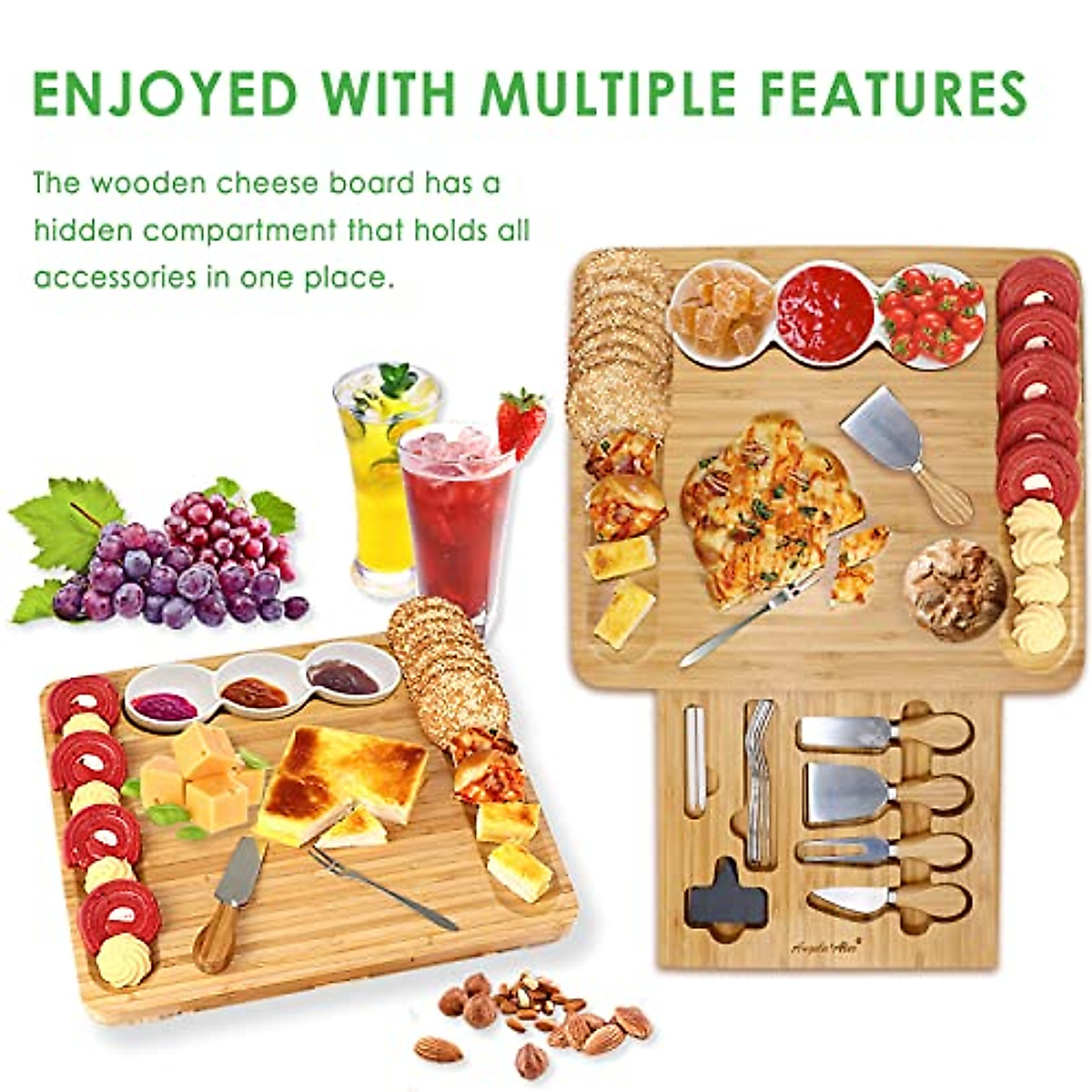 Angela&Alex Cheese Board and Knife Set, Bamboo Charcuterie Platter & Serving Tray Christmas Gifts for Cheese, Wine, Crackers, Brie and Meat Large & Thick Wooden Fancy Christmas Wedding Birthday Gifts