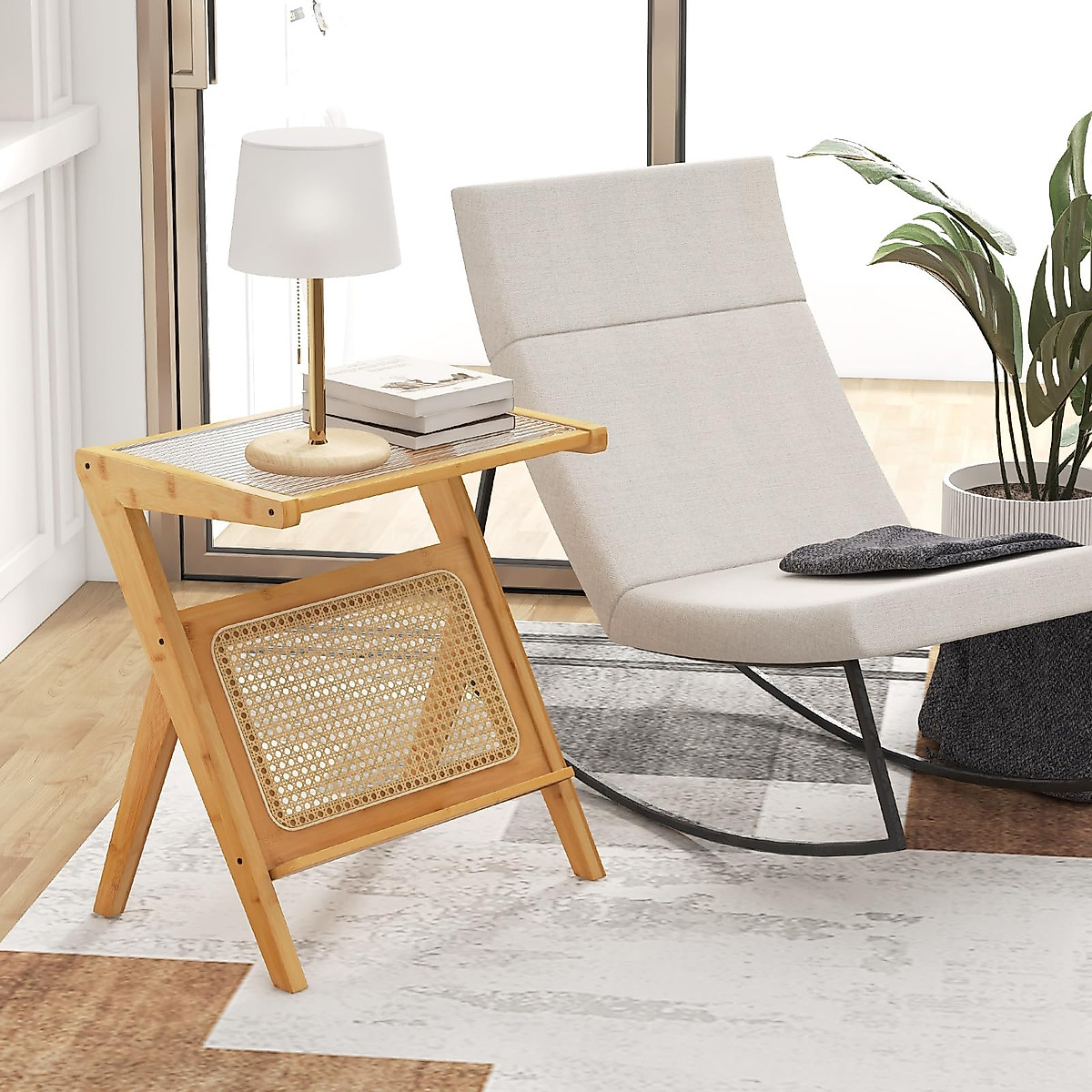 GOFLAME Rattan Side Table Set of 2, Z-shaped End Table with Tempered Glass Top, Magazine Rack, Boho Night Stand, Small Coffee Table, Bamboo Accent Bedside Table for Living Room, Bedroom, Natural