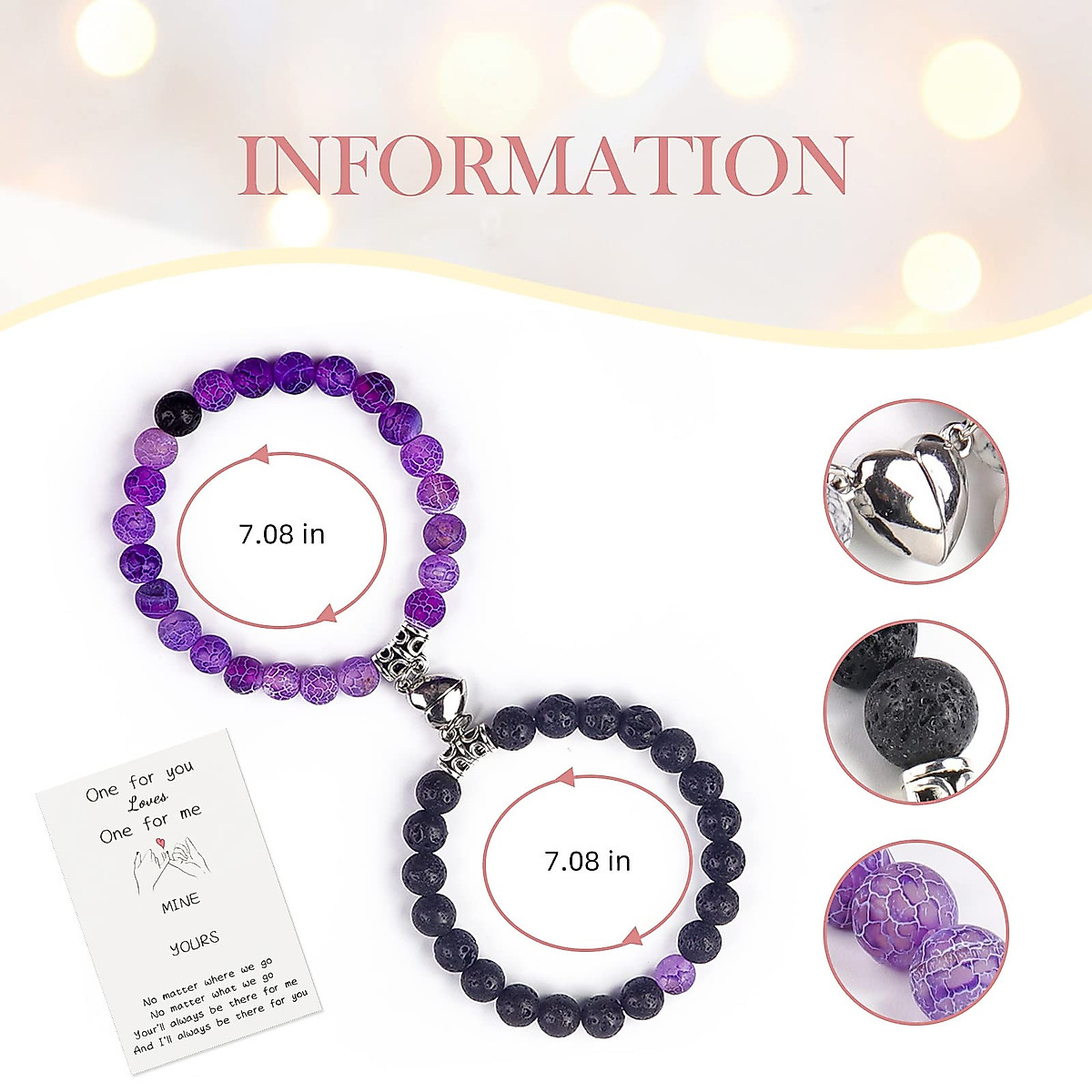 Matching Couple Bracelets Healing Crystal Bracelets for Couples Matching Heart Bracelet for Lover Him & Her Boyfriend Girlfriend Valentine's Day Gifts (Purple Weathered Agate+ Black Lava Rock Stone)