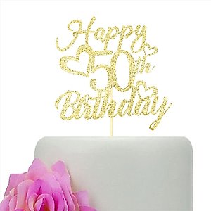 Happy 50th Birthday Cake Topper for 50th Birthday Party Decorations Supplies Gold Glitter