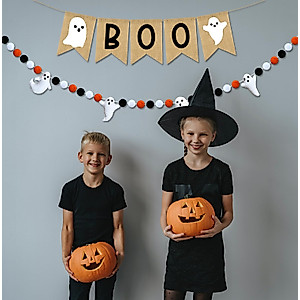 PTFNY Halloween Banner Burlap Boo Banner Ghost Felt Ball Banner Happy Halloween Banner Halloween Decor for Party Halloween Birthday Decorations