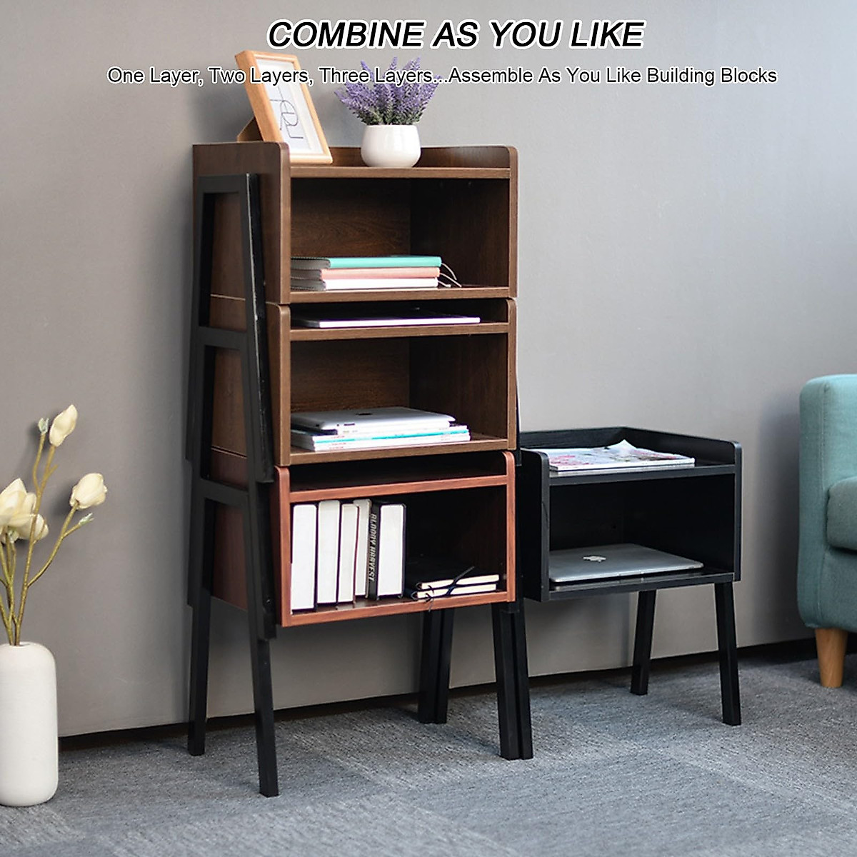 FairyHover Bedside Table Wood Side End Table Storage Unit for Bedroom Living Room Furniture Nightstand with Open Storage B,46 * 32 * 53CM