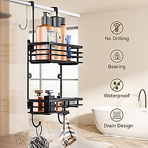Gaseawolf Shower Caddy Over Shower Door, Shower Hanging Organizer, No Drilling Over the Door Shower Storage Caddy with 2-Tier Rack and Hooks, Holds Body Wash, Shampoo, Soap, Razor, Towel