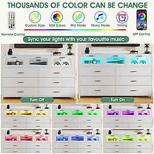 Alohappy White Dresser for Bedroom, 9 Drawers Dresser with LED Lights and Charging Station, Chest of Dresser for Bedroom with 3 Visual Drawers, Wood Drawer Organizer for Bedroom, Living Room, Hallway