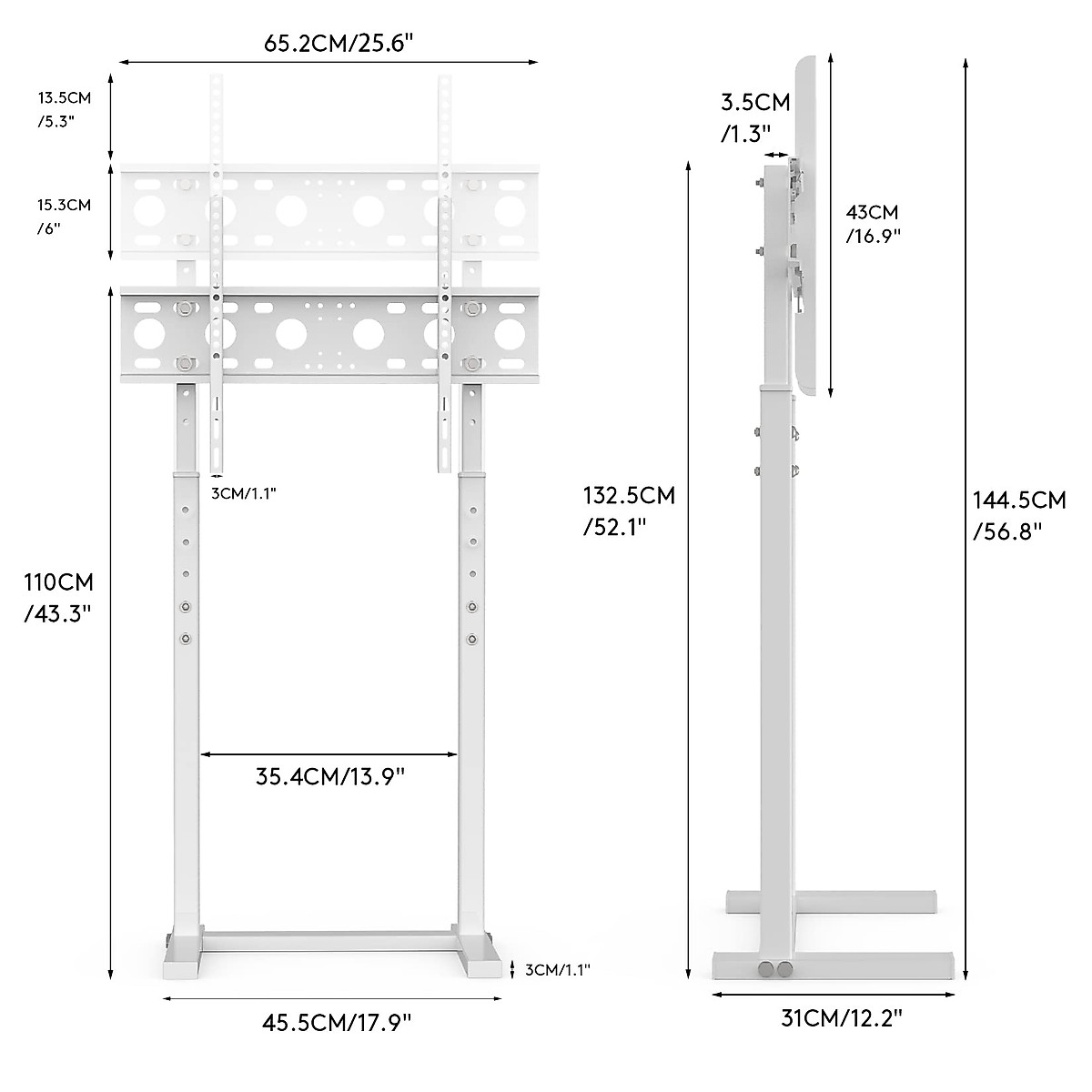 unho Universal Against The Wall TV Stand Floor: Free Standing Mount Stand with Height Adjustable Bracket for TV Bench Compatible with 32-65 inch Flat Panel LED LCD Plasma Screens (White)