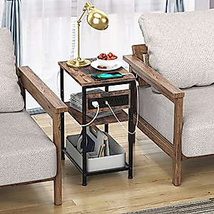 HEZI End Table with Charging Station & USB Ports, 3-Tier Side Table with PD 20W USB C for Living Room Study Bedroom,Narrow Sofa Table Bedside Table with Storage Shelf,Small Nightstand, Brown