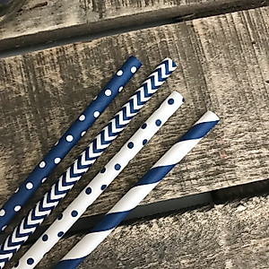 Paper Straws - Navy Blue and White - Stripe Chevron Polka Dot - 7.75 Inches - 100 Pack - Outside the Box Papers Brand