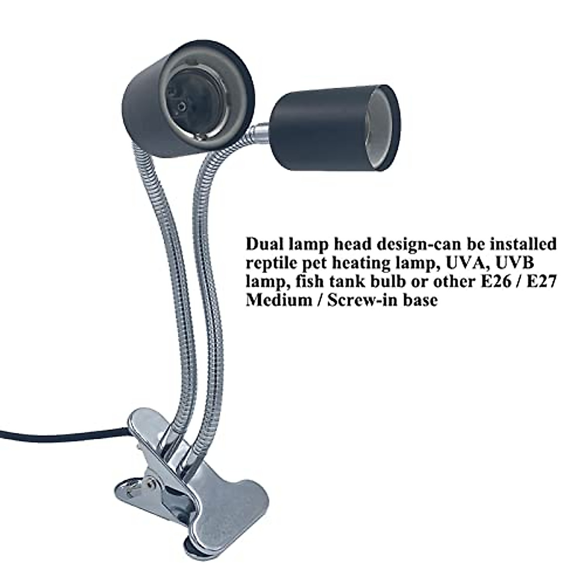 Reptile Clamp Heat Lamp Fixture Holder Turtle Lights with Clip for Reptiles and Amphibian Tanks Adjustable Rotates UVA UVB Bulbs Basking Spot Lamp Pet Heating Lamp (Dual Heads 1 Pack)