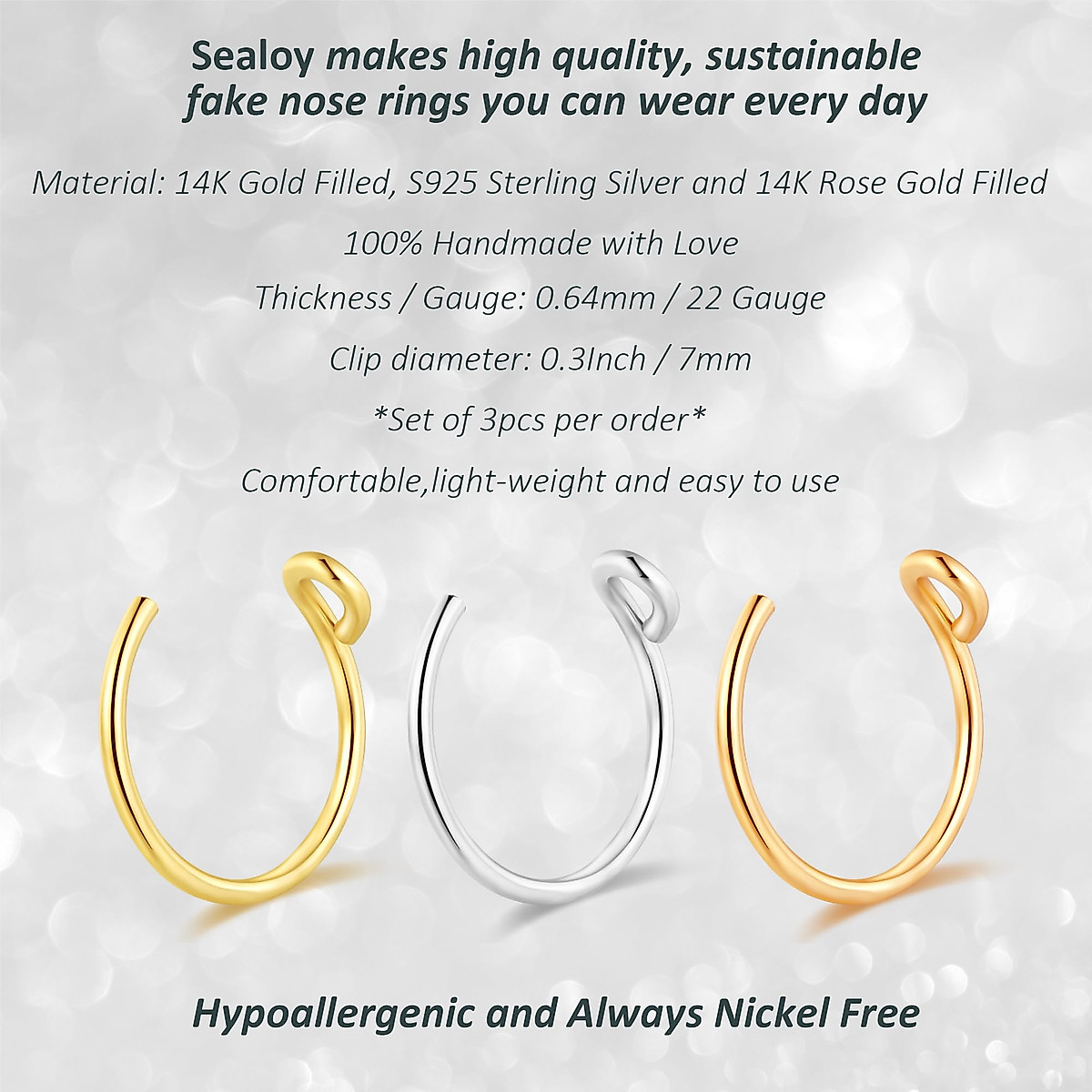 Set of 3 - Fake Clip On Nose Ring Hoop for Women - No Piercing Needed - 22 Gauge - 7mm - Faux Nose Septum Ring - Gold, Sterling Silver, Rose Gold - 22g