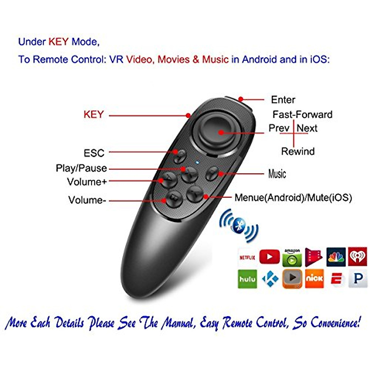 VR Remote Controller Gamepad Bluetooth Control VR Video, Game, Selfie, Flip E-Book/PPT/Nook Page, Mouse, in Virtual Reality Headset PC Tablet Laptop iPhone Smart Phone